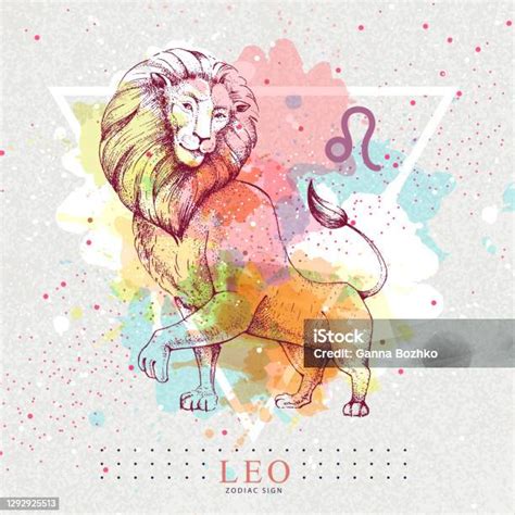 예술 적인 수채화 배경에 점성술 레오 조디악 기호현대 마법 마술 카드 현실적인 손 그리기 사자 점성술 기호에 대한 스톡 벡터