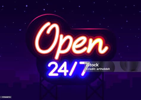 24 7 네온 신보드 벡터 하루 종일 네온 사인 디자인 템플릿 현대적인 트렌드 디자인 야간 간판 야간 밝은 광고 조명 배너를 엽니다 24 시간 영업 표시에 대한 스톡 벡터