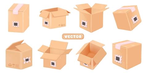 흰색 배경에 분리된 기호가 있는 3d 판지 상자 아이콘 집합입니다 취약성 신중한 취급 비와 물로부터의 보호의 상징이 있는 골판지 배송 상자 3d 사실적인 벡터 3차원 형태에