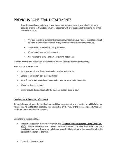 Law Of Evidence Previous Consistent Statements Pdf Witness