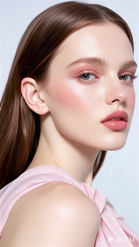 欧美腮红模特，披着头发，浅棕色系头发，白色背景，淡粉色裙子， 立体的五官，嘟嘟的嘴唇，浅色唇，精致的妆容，网红妆容，超写实，氛围感，逼真的细节刻画 最高质量 花瓣网
