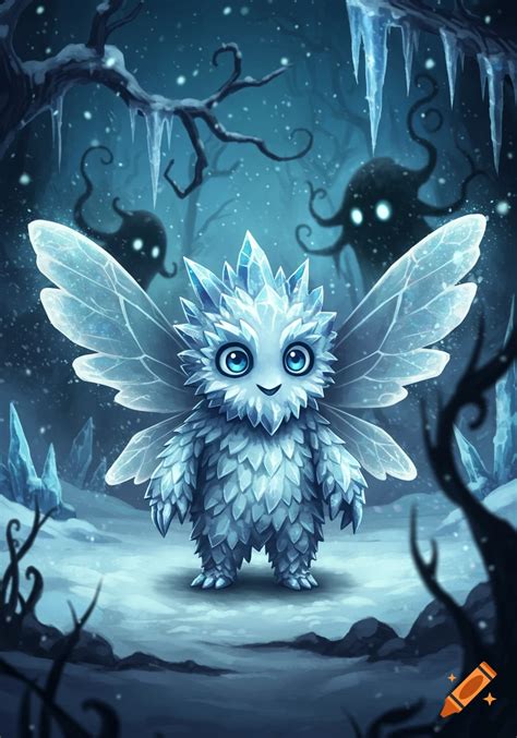 A Cute Ice Creature With Big Blue Eyes And Crystal Wings Stands In A
