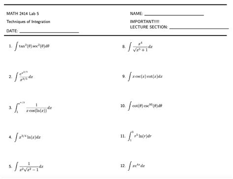 solved math 2414 lab 5 name techniques of integration