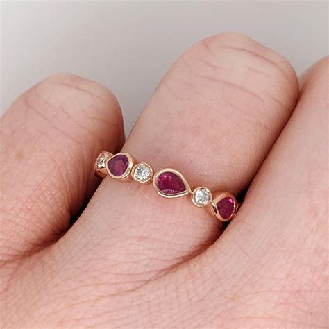 Bezel Set Pear Shape Ruby Band Ring W Natural Diamonds In Solid 14k