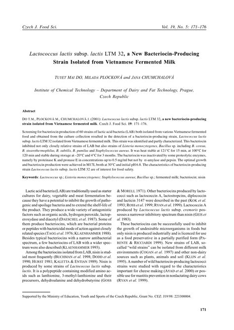 Pdf Lactococcus Lactis Subsp Lactis Ltm 32 A New Bacteriocin