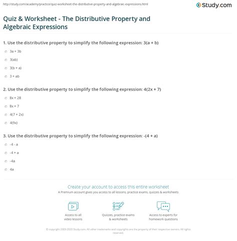 Quiz And Worksheet The Distributive Property And Algebraic Expressions