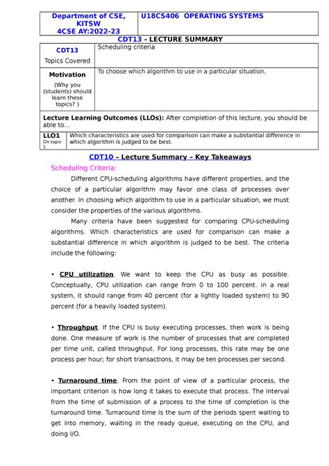 OS CDT Important Notes Department Of CSE KITSW CSE AY U CS OPERATING SYSTEMS