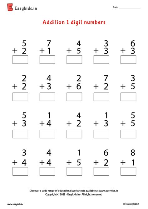 Addition 1 Digit Numbers Worksheet