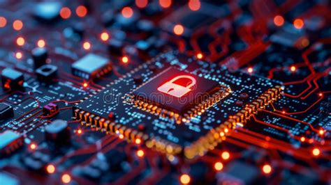 High Tech Microchip Featuring A Secure Lock Icon On A Vibrant Circuit Board With Glowing Red