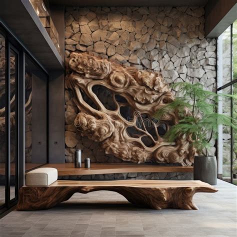 Wild Stone Cladding Wall And Wooden Bench Decorative Tree Trunks