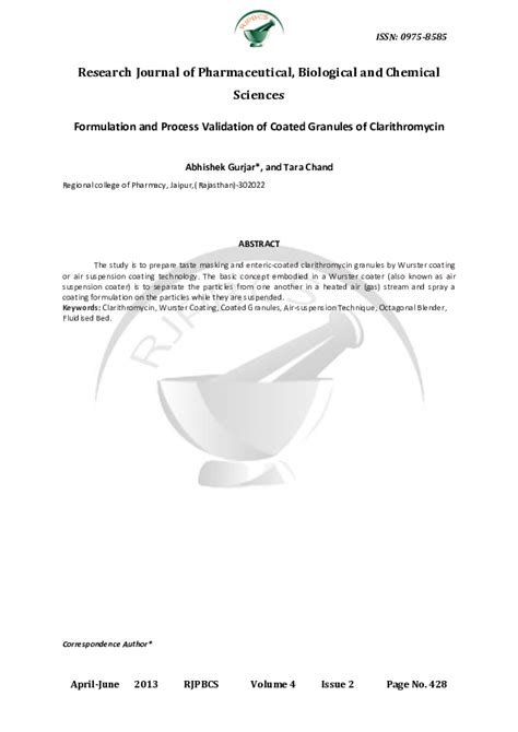 Pdf Taste Masked Enteric Coated Clarithromycin Granules