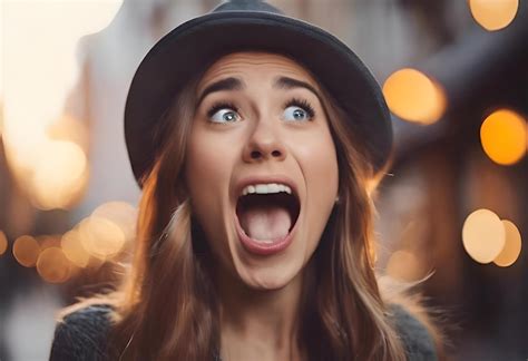 Premium Photo Excited Shocking Reaction Girl Reacts With Surprise