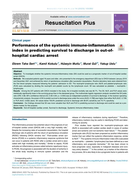 Pdf Performance Of The Systemic Immune Inflammation Index In Predicting Survival To Discharge