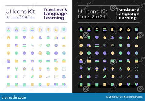 Translator And Language Learning Flat Color Ui Icons Set For Dark Light Mode Stock Vector