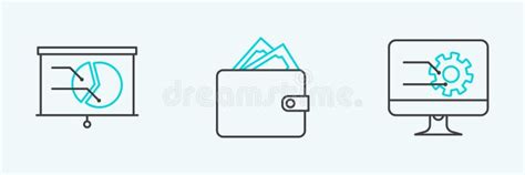 Set Line Computer Monitor With Graph Chart Board And Wallet Stacks Paper Money Cash Icon