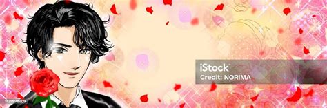 Shoujo 만화 스타일의 넓은 크기의 그림으로 한 손에 빨간 장미를 들고 부드러운 미소로 초대하는 검은 머리 잘 생긴 소년의