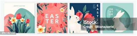 행복 부활절 벡터 배경 세트입니다 부활절 토끼 달걀 꽃 튤립 수선화 현대 만화 스타일 봄 인사말 카드 포장 장식 소셜 미디어를 위한 귀여운 포스터 템플릿 개념에 대한 스톡