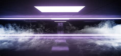 연기 안개 수평 라인 네온 스튜디오 건설 삼각형 활기찬 공상 과학 Fi 타일 무대 댄스 빛 빛나는 블루 퍼플 그런 지 콘크리트에 반영 큰 흰색 빛나는 빛 어두운 홀 배경