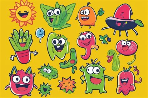 Collection Of Humorous And Quirky Stickers Or Clipart Illustrations With Playful And Exaggerated
