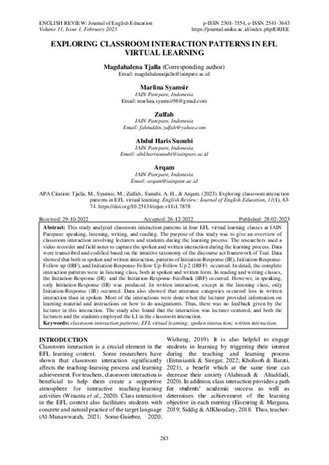 Pdf Exploring Classroom Interaction Patterns In Efl Virtual Learning