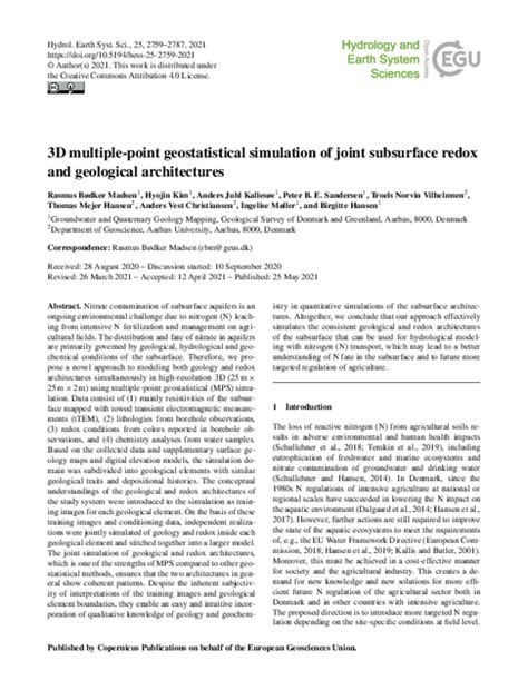 Pdf 3d Multiple Point Geostatistical Simulation Of Joint Subsurface Redox And Geological