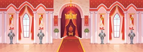 성 볼룸 인테리어 중세 왕궁 왕좌 왕실 행사 룸 홀 왕국 풍부한 판타지 게임 만화 벡터 배경 성 건축물에 대한 스톡 벡터 아트