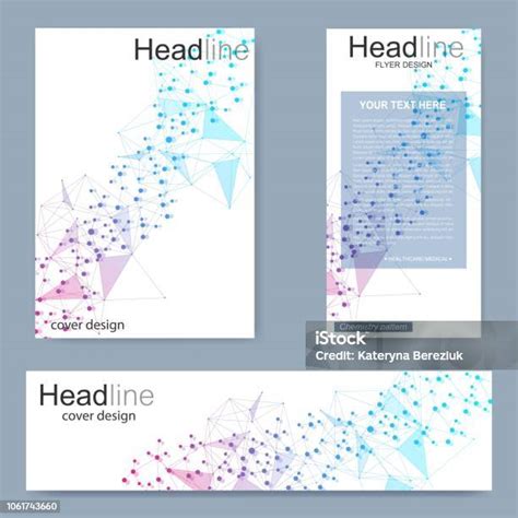 전단지 브로슈어 크기 A4 템플릿 배너 설정 합니다 연결된 라인 및 점 분자 구조입니다 잡지 전단지 커버 포스터 디자인 요소와의 과학적인 패턴 원자 Dna 0명에 대한 스톡