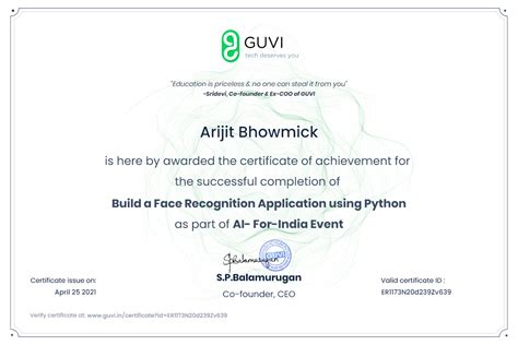 Guvi Build A Face Recognition Application Using Python Certificate