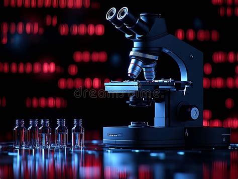 Sleek Futuristic Microscope With Sample Vials Against A Vibrant Binary