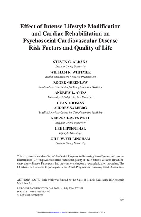 Pdf Effect Of Intense Lifestyle Modification And Cardiac Rehabilitation On Psychosocial
