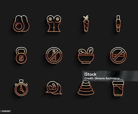 세트 라인 스톱워치 보디 빌더 근육 아보카도 과일 뜨거운 돌 쌓기 물과 유리 알코올 없음 흡연 및 샐러드 그릇 아이콘 벡터