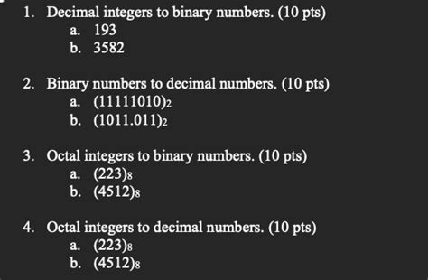 solved 1 decimal integers to binary numbers 10 pts a