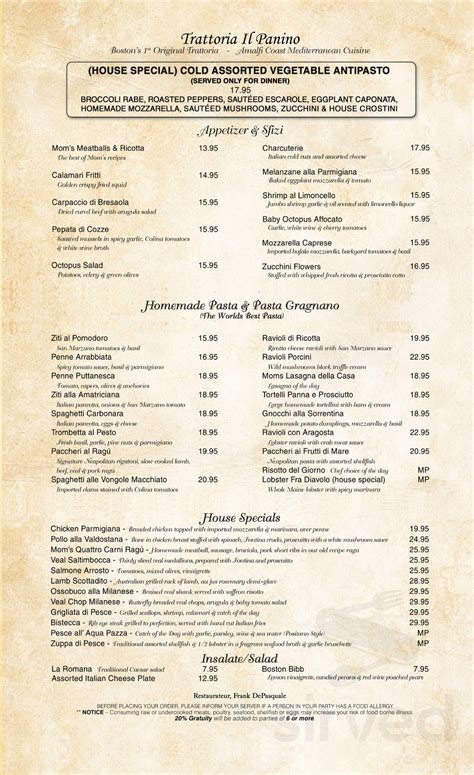 Trattoria Il Panino Menu In Boston Massachusetts Usa