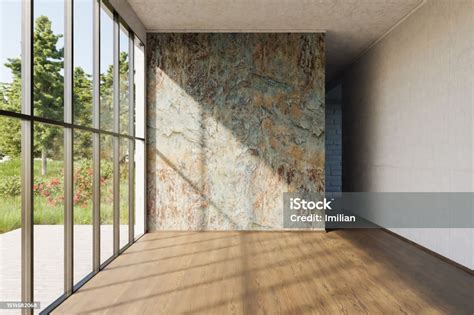 창문과 미니멀한 인테리어 거실 디자인이 있는 고급스러운 빈 로프트 아파트 3d 일러스트레이션 0명에 대한 스톡 사진 및 기타 이미지 Istock