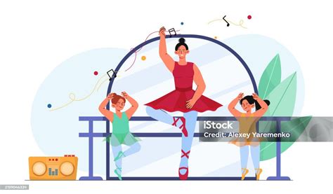 댄스 교사 개념입니다 빨간 발레 드레스를 입은 여자가 아이들과 춤을 추고 있다 교육 및 학습 아이들과 함께하는 안무가 만화 벡터 일러스트 레이 션 3 명에 대한 스톡 벡터