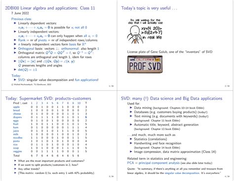 Svd Data Mining Linear Algebra Notes 2dbi00 Linear Algebra And Applications Class 11 7