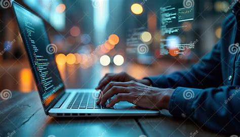 Person Types On Laptop In Modern Workspace Coding Work On Display