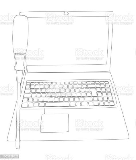 스크루 드라이버가있는 노트북의 연속 라인 가는 선 그림 벡터 개념입니다 등고선 그리기 창의적인 아이디어 Diy에 대한 스톡 벡터