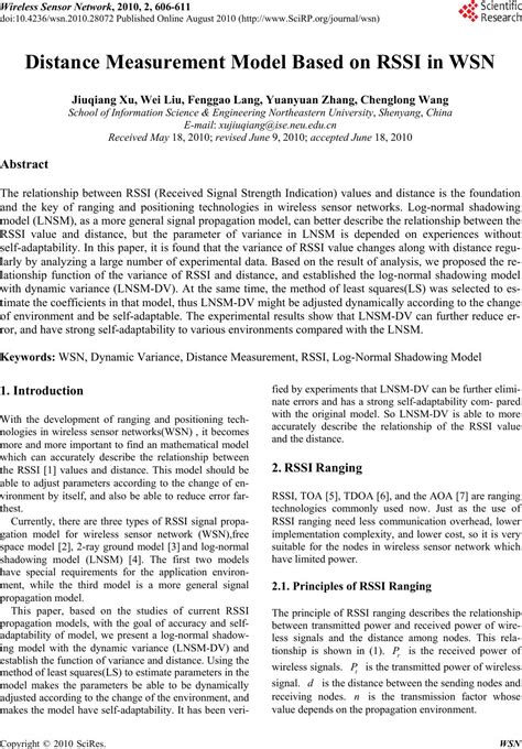 Distance Measurement Model Based On Rssi In Wsn