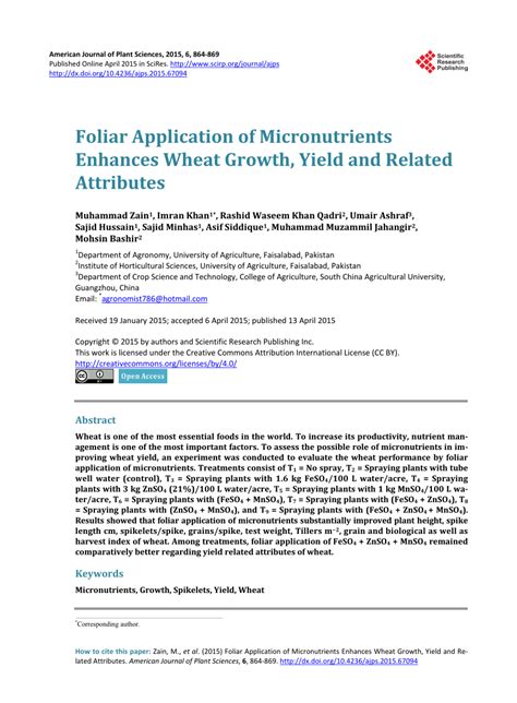 Pdf Foliar Application Of Micronutrients Enhances Wheat Growth Yield