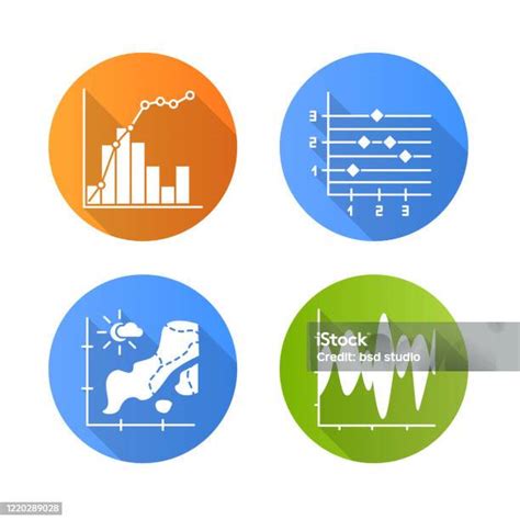 차트 및 그래프 평면 디자인 긴 그림자 문말 아이콘 세트 온도 지도 점 및 그림 차트 히스토그램 및 선형 요소와 혼합 된 그래프 진동 곡선 벡터 실루엣 일러스트레이션 0명에