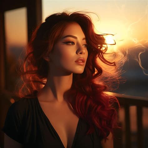 Premium Photo Photo Of Redhead Asian Woman Holding An Eyeliner Pen Fiery Sunset Bac Concept Idea