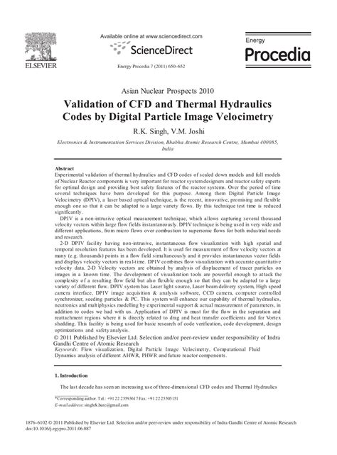 Pdf Validation Of Cfd And Thermal Hydraulics Codes By Digital Particle Image Velocimetry