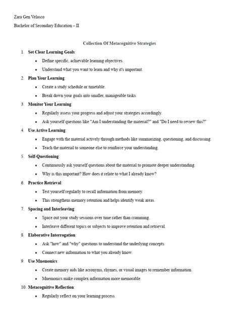 collection of metacognitive strategies pdf memory metacognition