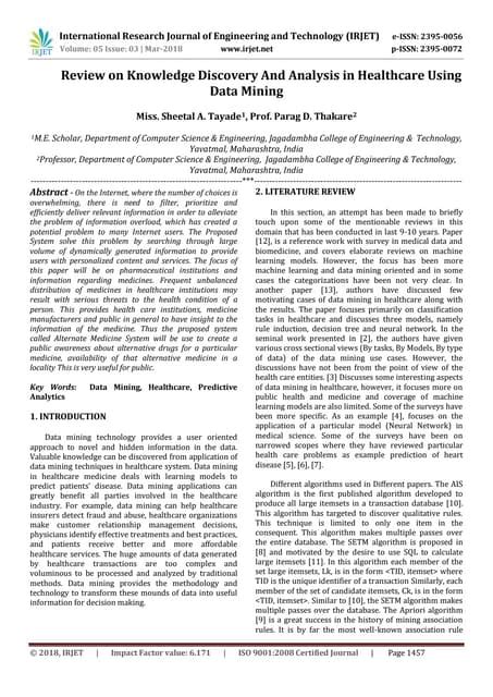 Irjet Review On Knowledge Discovery And Analysis In Healthcare Using Data Mining Pdf