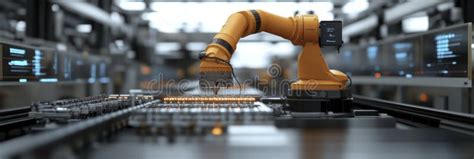 Orange Robotic Arm Assembling Components In Factory Stock Illustration