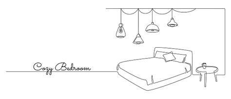 현대적인 아늑한 침실 청사진의 연속 한 줄 그리기 간단한 선형 스타일의 로프트 가구 개념을위한 더블 침대와 교수형 갓 편집 가능한 스트로크 낙서 벡터 일러스트 레이 션
