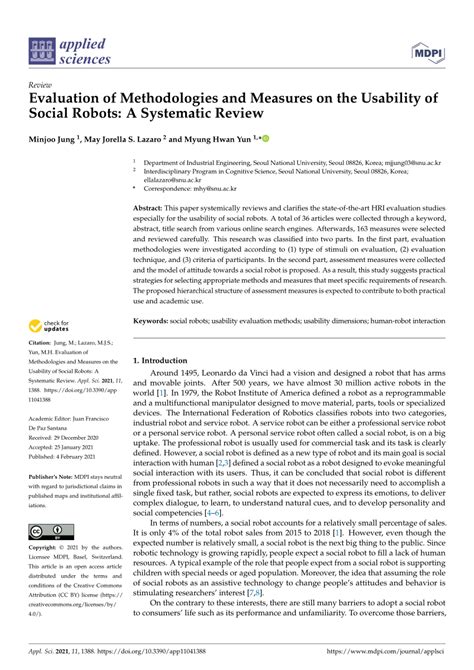 Pdf Evaluation Of Methodologies And Measures On The Usability Of Social Robots A Systematic