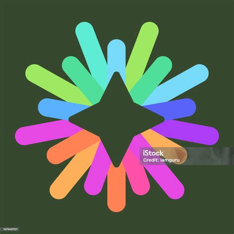 무지개 선이 있는 4개의 뾰족한 별은 기호 주위에 광선을 선보입니다 미니멀리스트 야간 표지판 플랫 등급 수상 벡터 아이콘입니다