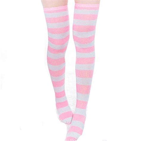 Zanzea Womens Over Knee Thigh High Socks Long Striped Stocking Pink